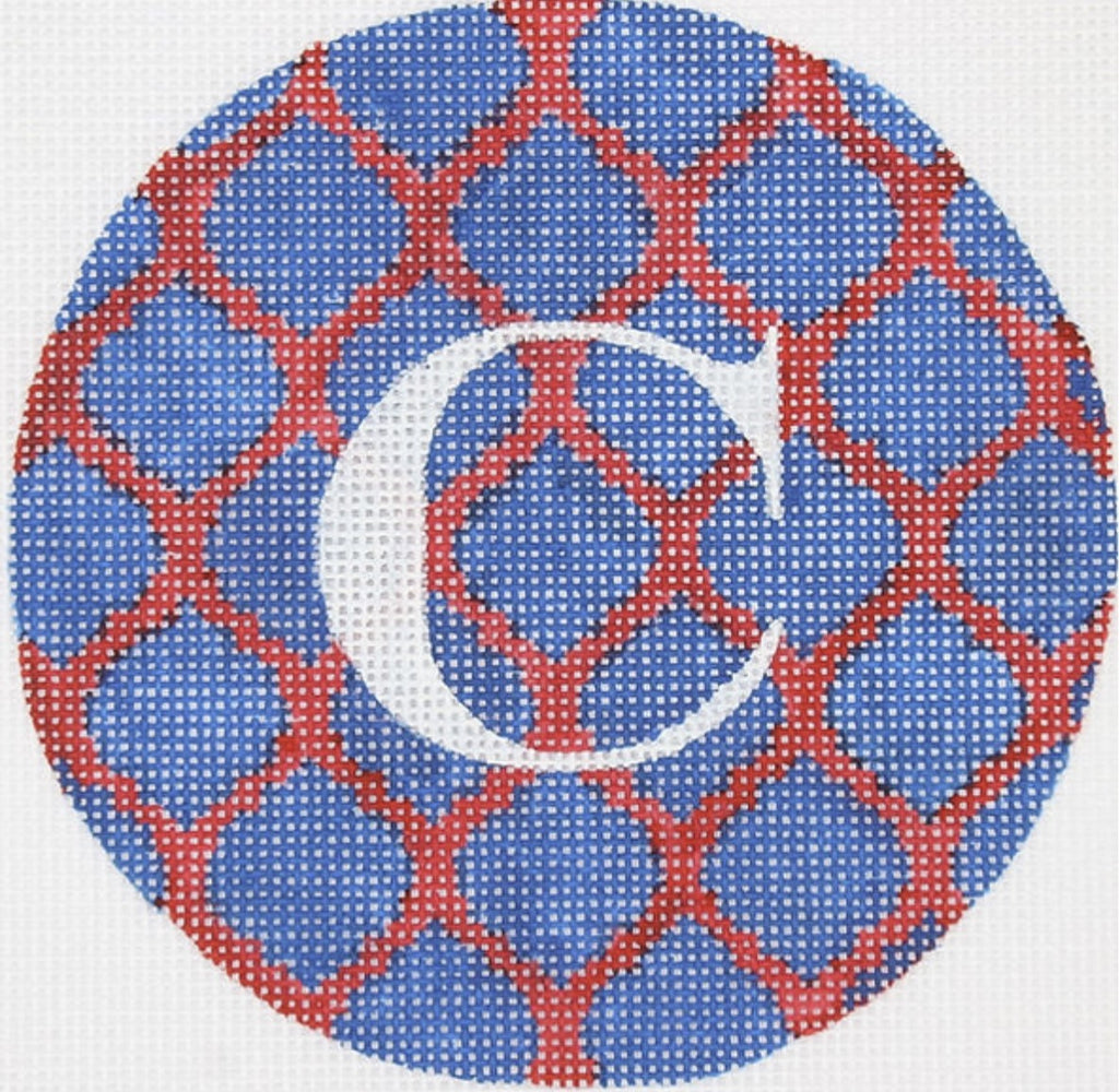 ALB-87 - Bright Disk Letters -Royal Blue Quatrefoils on Red, White Let